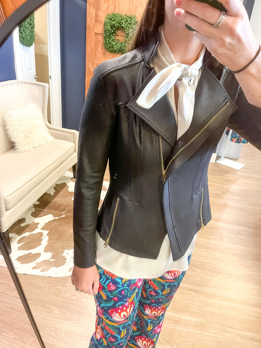 Black Liquid Leather Slant Zip Jacket – E. Lane Boutique